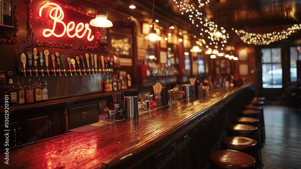 A cozy, warmly lit pub with an inviting wooden bar top, twinkling ...
