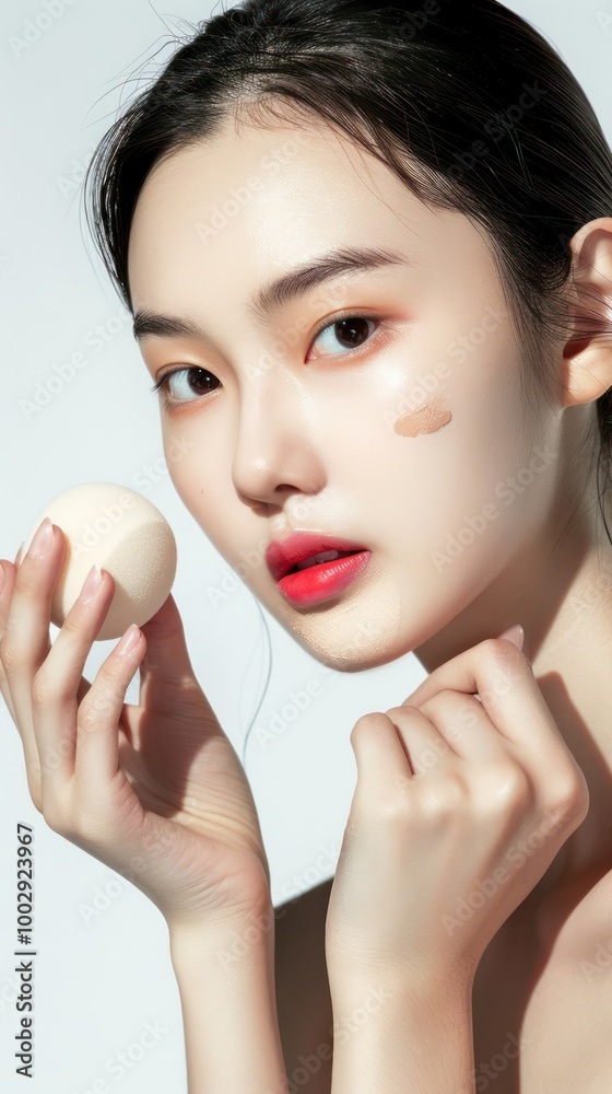 Korean model woman applies makeup with brush on white background ...