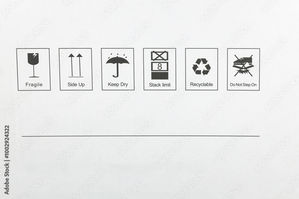 packaging symbols: fragile or handling with care symbol, Side up, Keep ...
