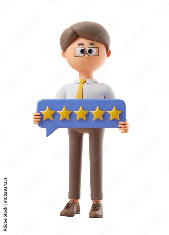 Cartoon man holding a five-star rating board, wearing glasses and ...