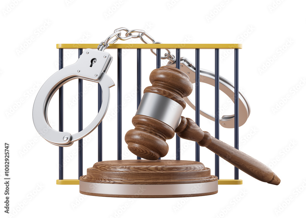 Gavel and handcuffs in front of prison bars on a white background. 3D ...