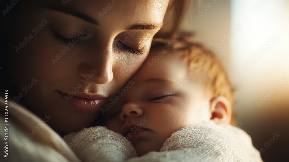 A touching scene of a mother's gentle embrace as she holds her peacefully sleeping baby ...