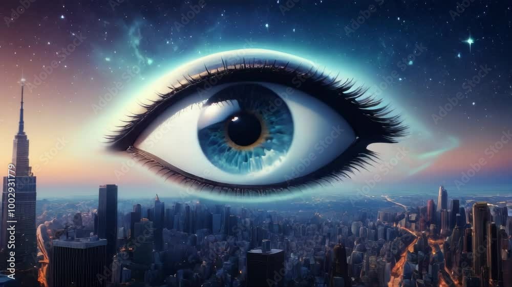 A large, detailed eye looking down on a city skyline. The eye is ...