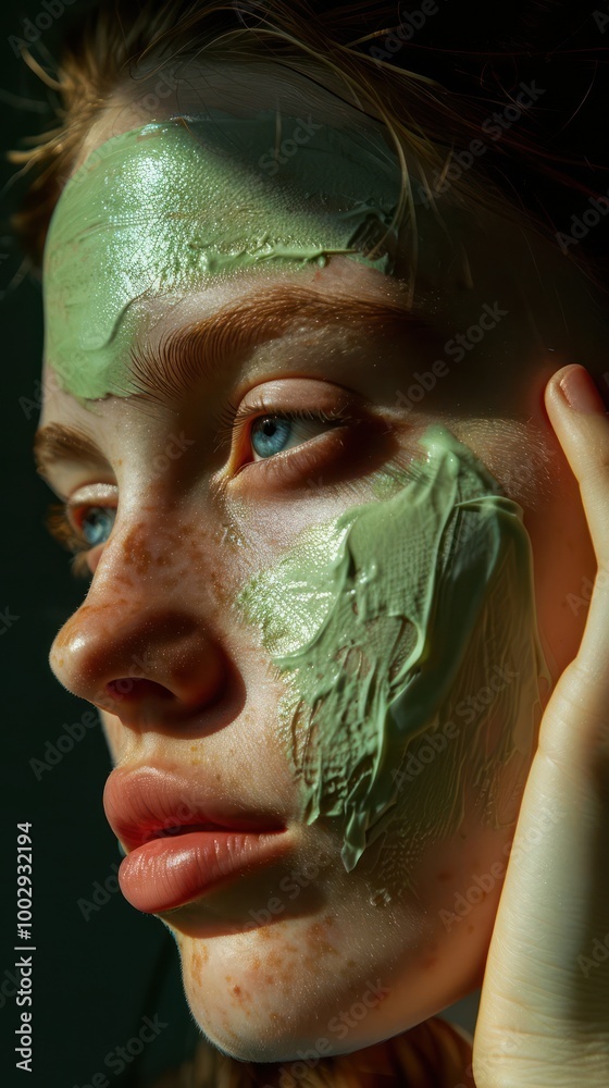 Beautiful caucasian model woman applies green cream on face in beauty ...
