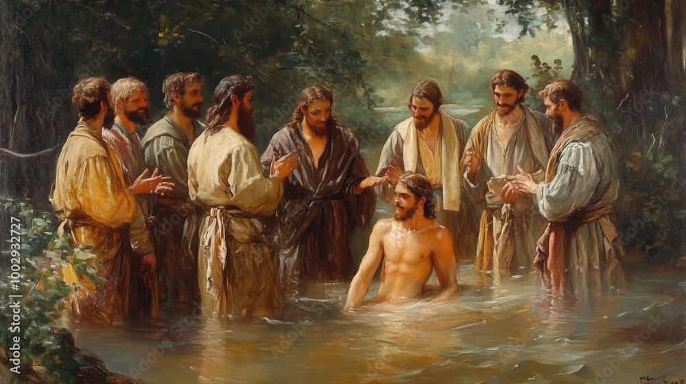 Jesus is baptized by John the Baptist in a calm river, with witnesses ...