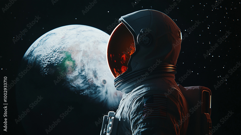 Imagine 4d An astronaut in space with the planets Earth and Mars in the ...