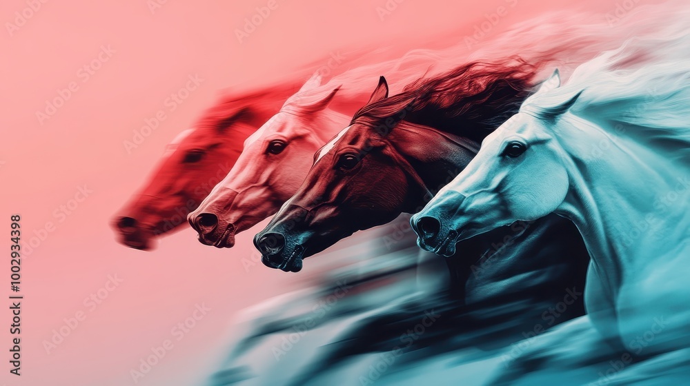 An abstract representation of running horses featuring vibrant colors ...