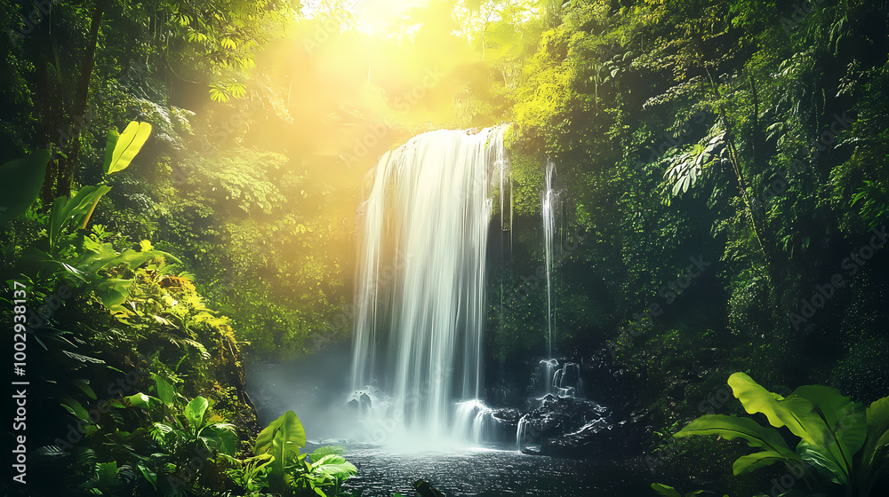 A waterfall cascades in a lush jungle, illuminated by sunlight ...