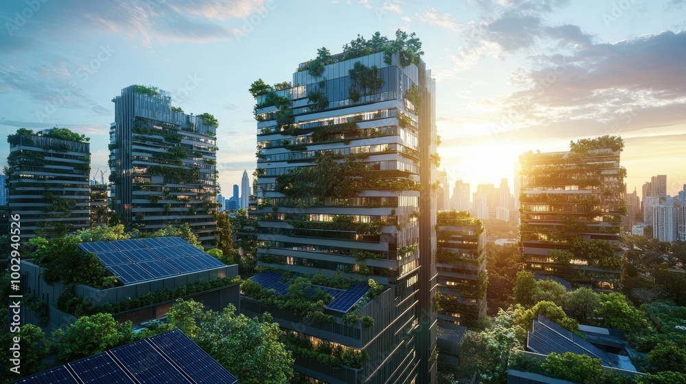 Urban skyscrapers enveloped in dense greenery, showcasing sustainable architecture with a focus ...