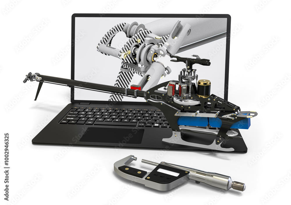 3D render image of a RC helicopter with a laptop representing CAD of a ...