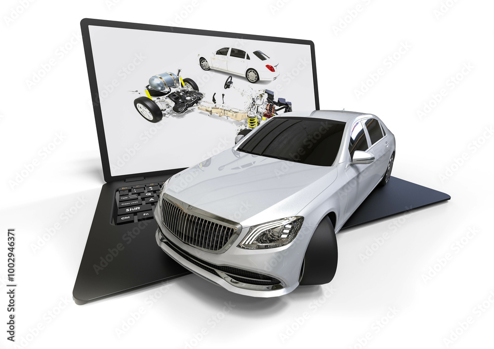3D render image representing computer aided design of a car. In the ...