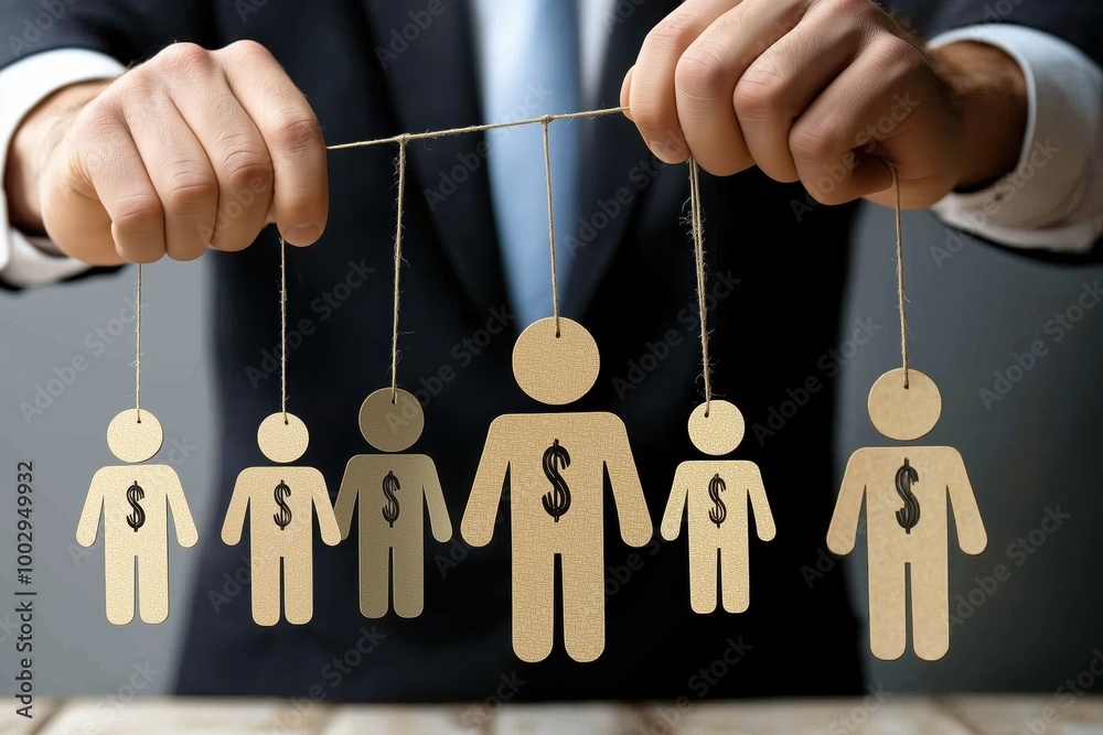 Controlling the Strings: A businessman manipulates a line of paper ...