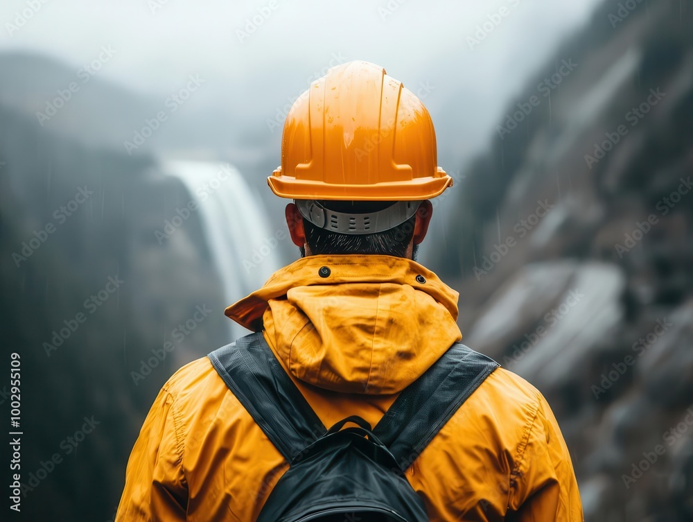 Engineer in a hard hat reviewing progress at a hydropower plant ...
