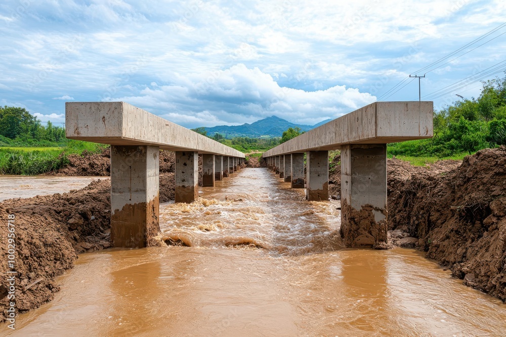 Bridge construction over rivers with flood-resistant features, designed ...