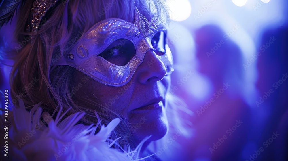 Older woman wearing an elegant masquerade mask with white feathers. The ...