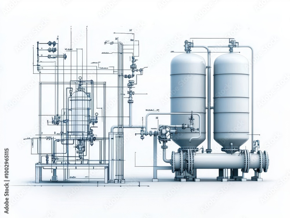 Technical drawing of a water treatment plant, including piping systems ...