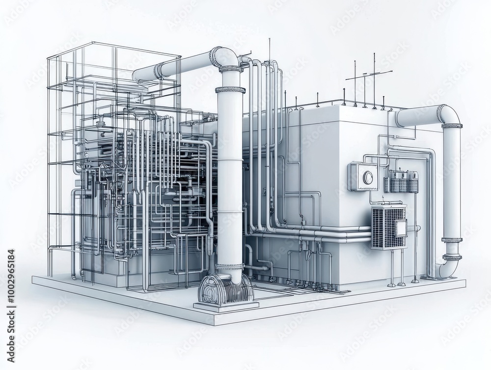 Technical drawing of an HVAC system, illustrating ductwork, airflows ...
