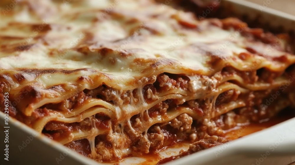 Lasagna: A close-up of a freshly baked lasagna, showcasing its layers ...