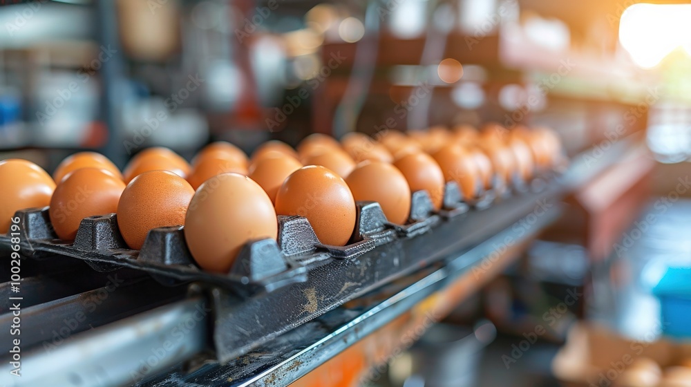 Multiple brown eggs neatly arranged in black trays on an egg production ...
