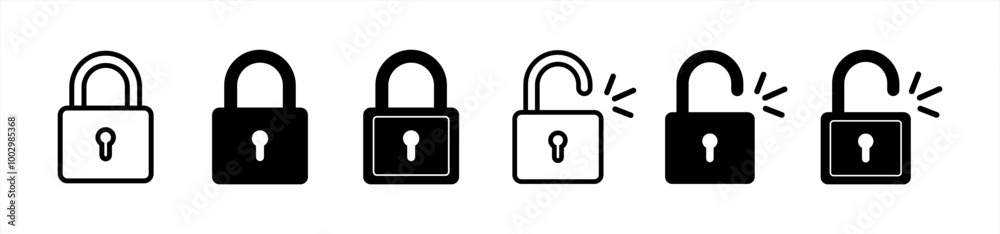 Lock icon collection. Locked and unlocked black line icon set. Flat ...