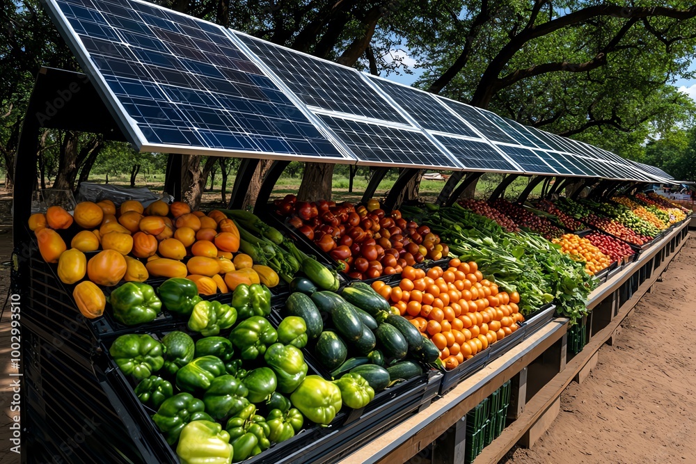 A rural market with modern solar-powered stalls, where local vendors ...