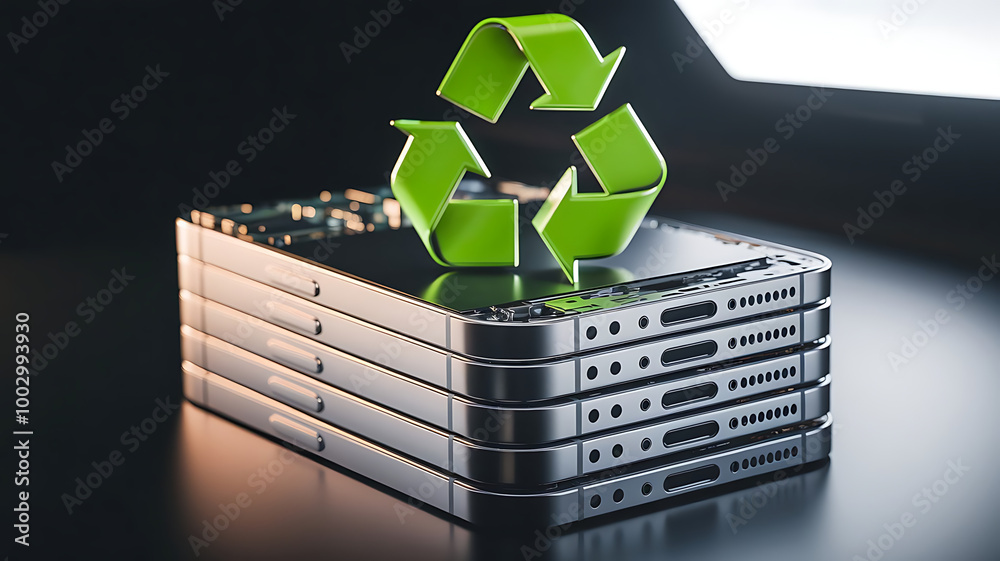 Recycle symbol, 3D green recycling symbol on the image of stacked ...