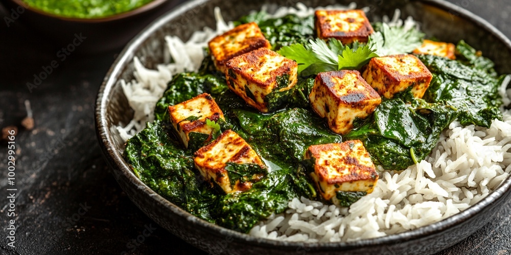 Authentic Indian saag paneer with grilled paneer cubes served on a bed ...