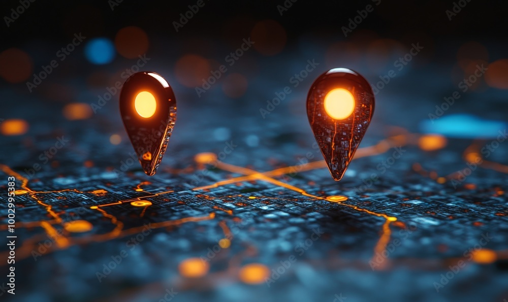 A digital map displaying a location with two pins set, representing AI technology in GPS ...