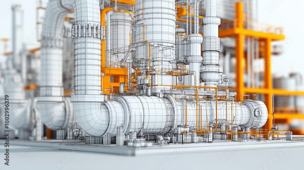 Wireframe sketch of industrial plant, complex machinery, 3D technical ...