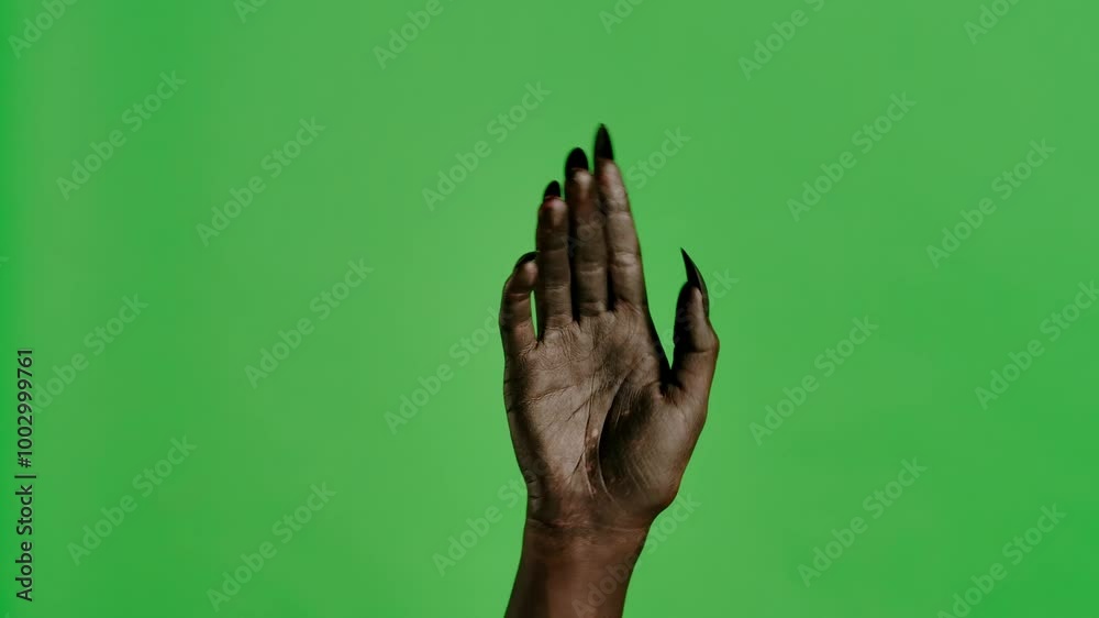Creepy halloween devil monster hand in black paint with nails shows ...