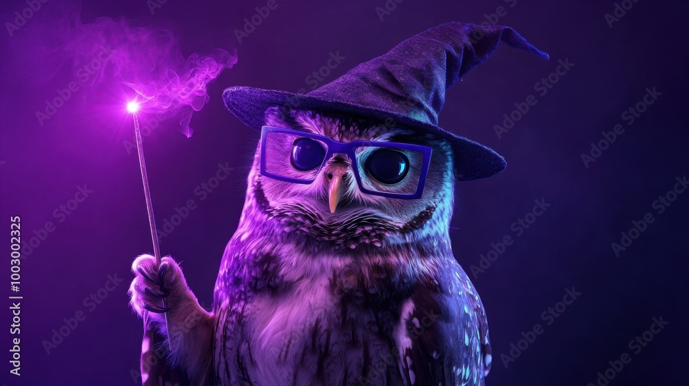Owl in spectacles and a witch hat, wielding a wand against a deep ...