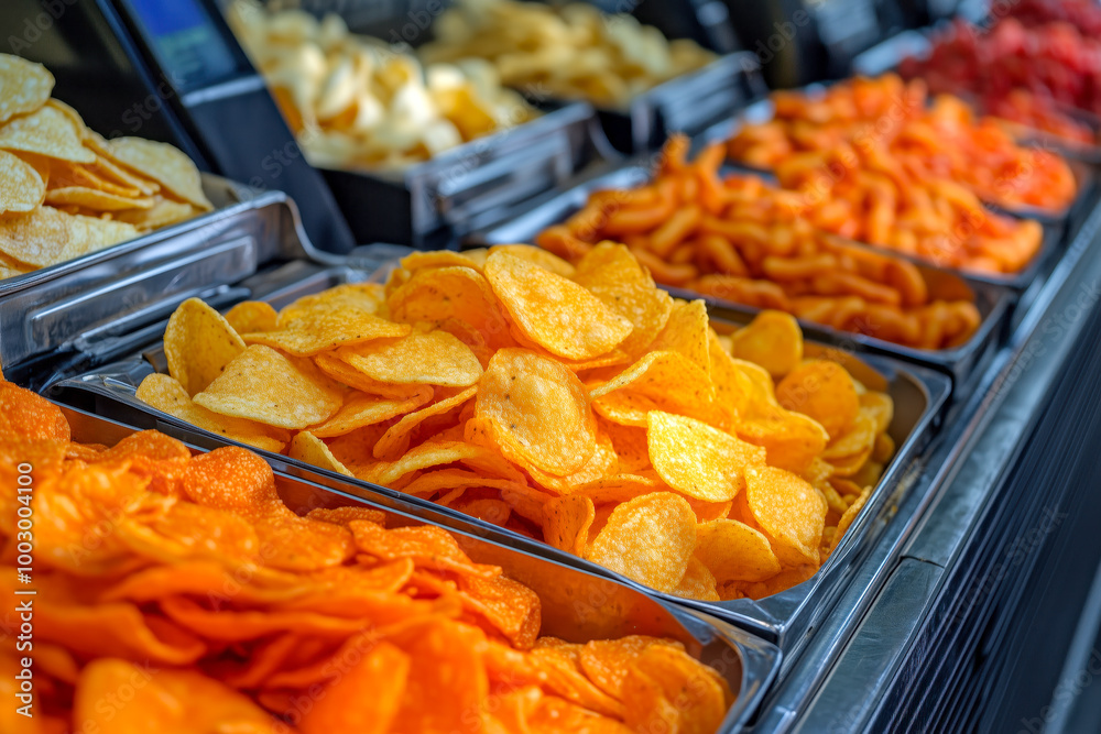 Automated packaging line in a snack food factory, with machines sorting ...