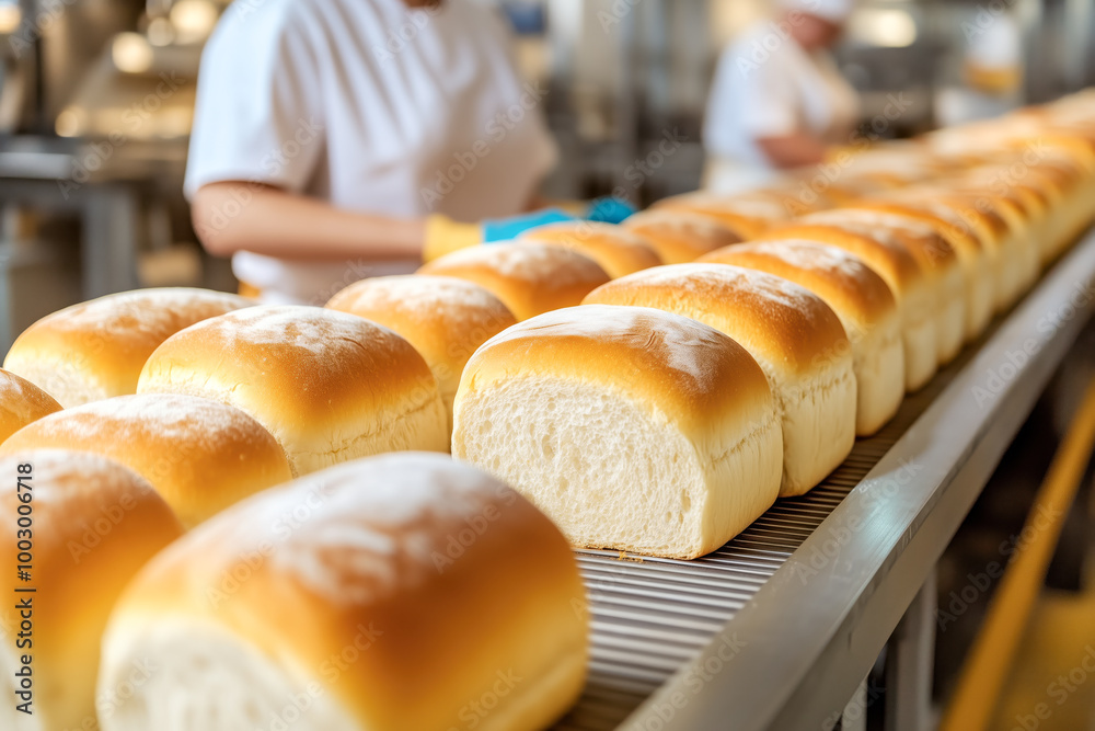 Female worker and close-up of loaves of bread on an assembly line ...