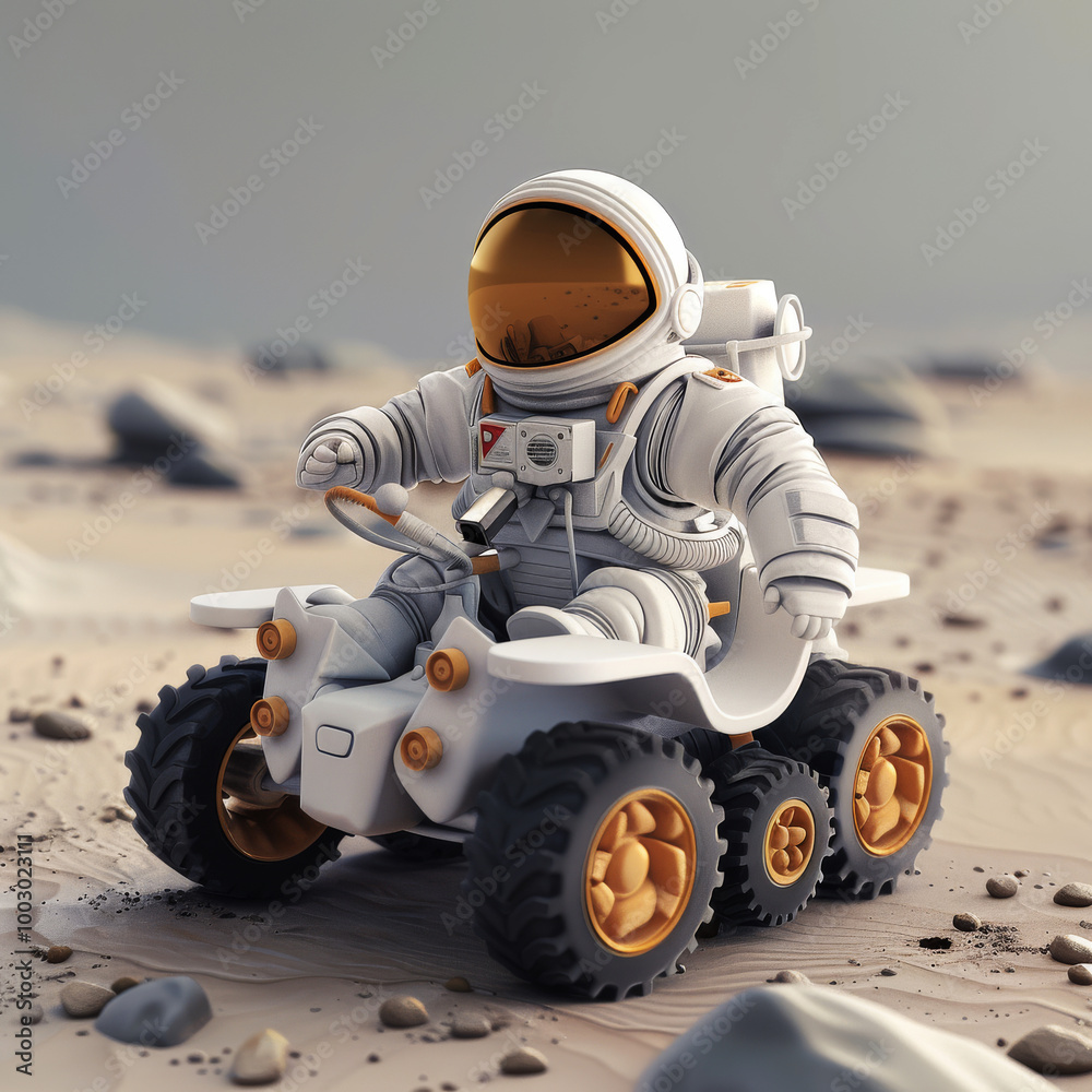 Astronaut driving a Mars rover rounded smooth surface future technology ...