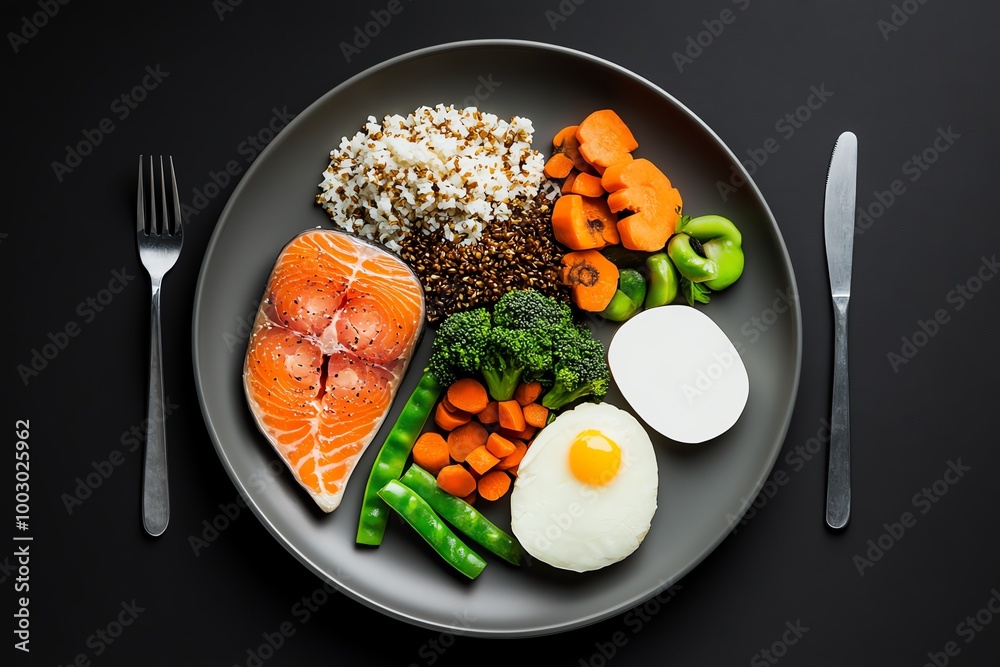 Abstract representation of a healthy meal plate, featuring simple ...