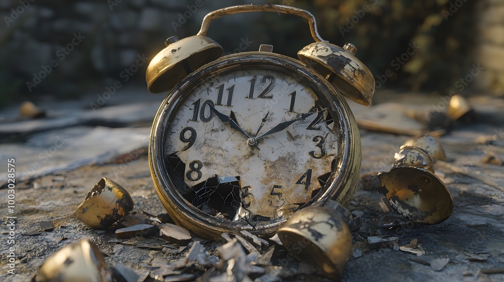 Vintage alarm clock broken on the ground, ruined and abandoned. Stock ...