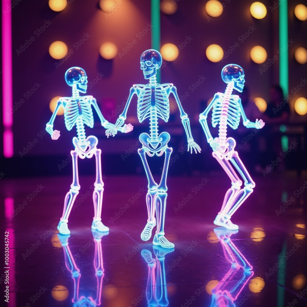 Three dancing neon skeletons light up a vibrant glossy floor with their ...
