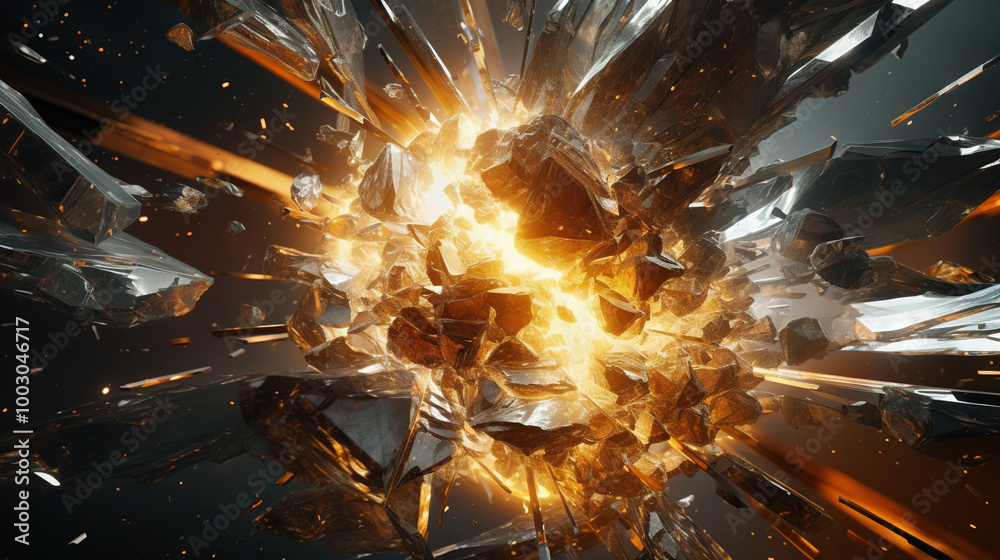 Abstract explosion in space with rocks and stones burst in flame, sci ...