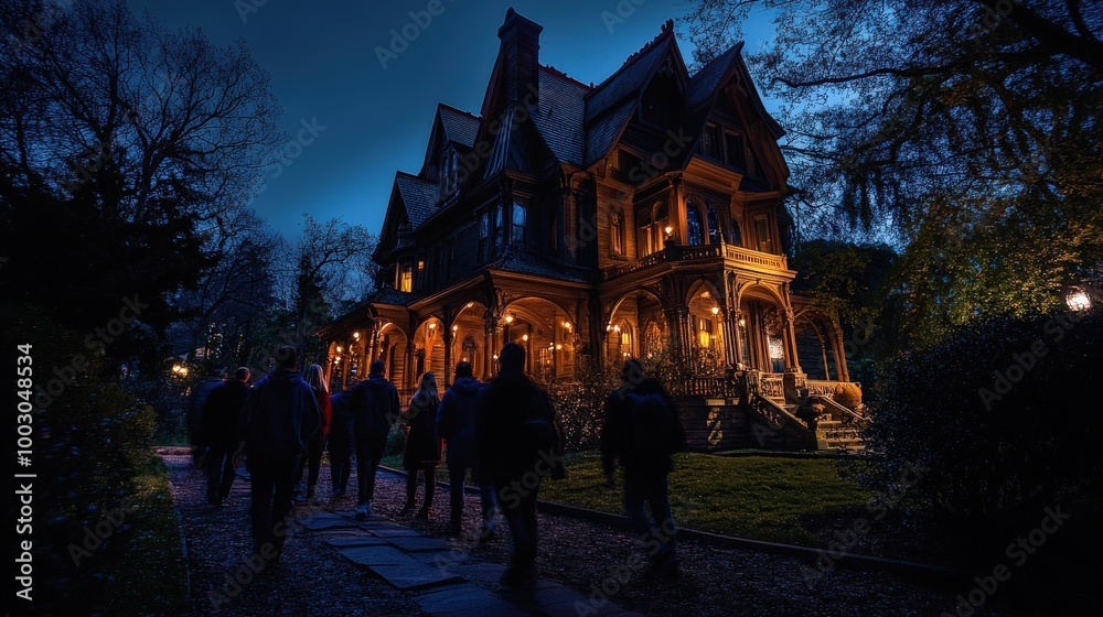 As night falls, a ghost tour guide engages a fascinated group wandering ...
