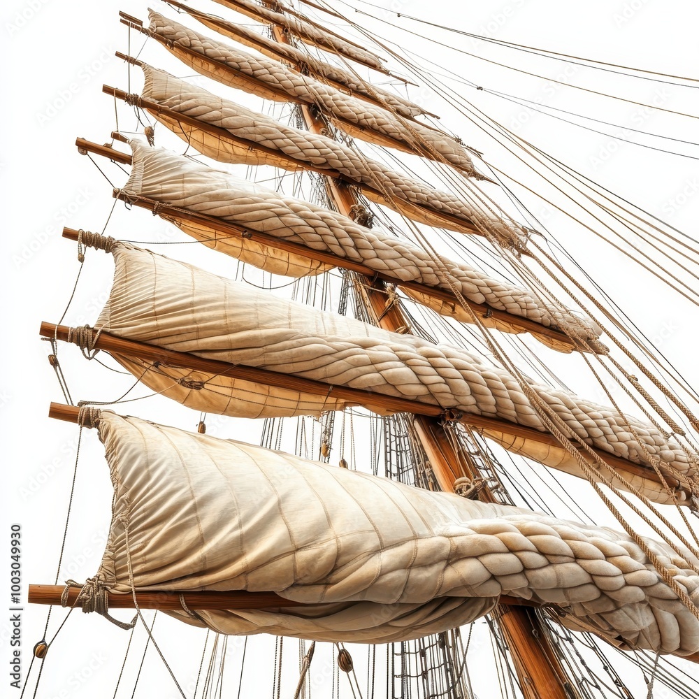 Detailed view of a tall ship's sails, showcasing the texture and ...
