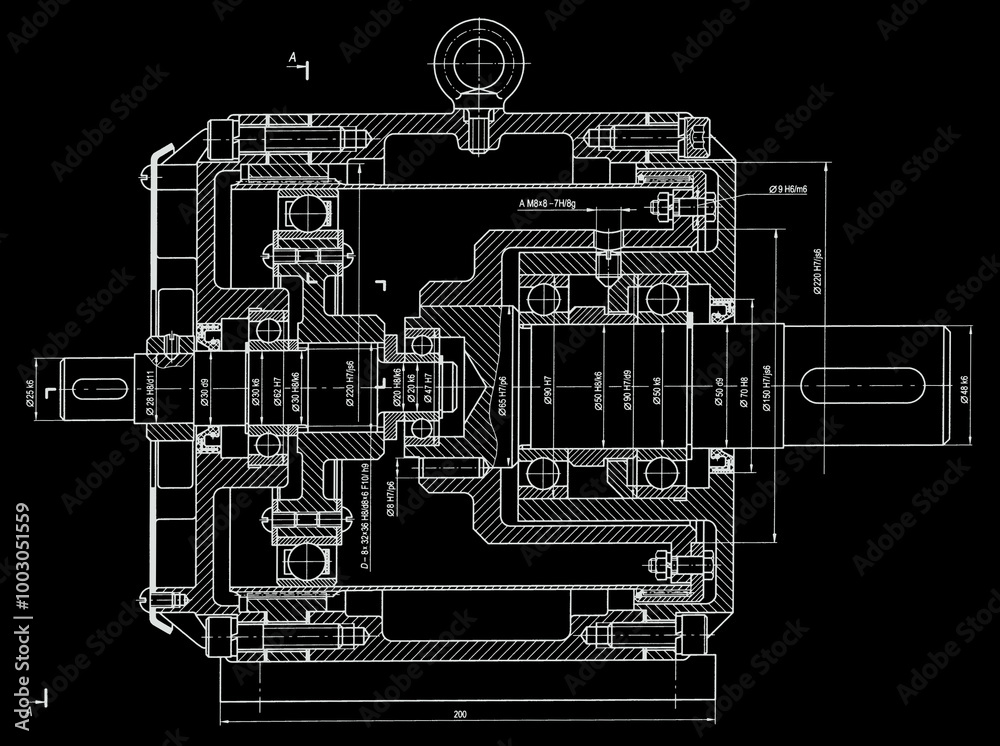 Engineering mechanical pencil drawing of steel devices (reducer ...