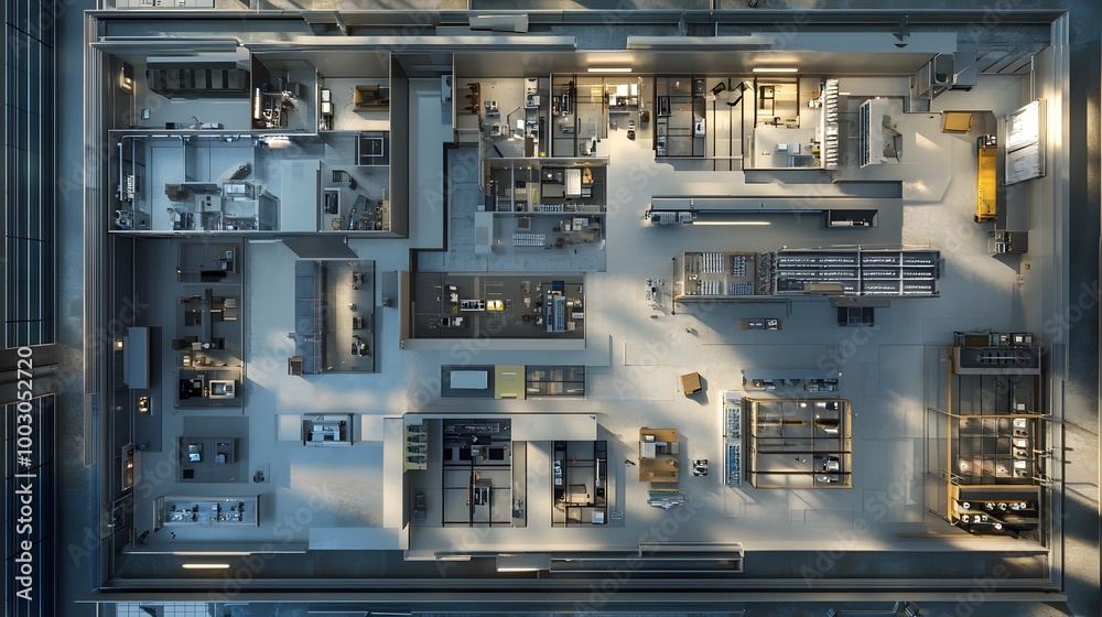 Poster Complex floor plan for a futuristic research facility, featuring ...