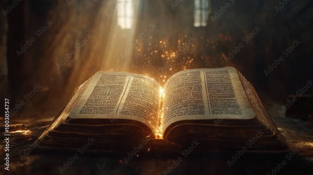 Book of Daniel. Open bible revealing the name of the book of the bible in a epic cinematic ...