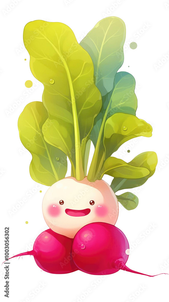 Cute cartoon-style radish character with a smiling face and big green ...