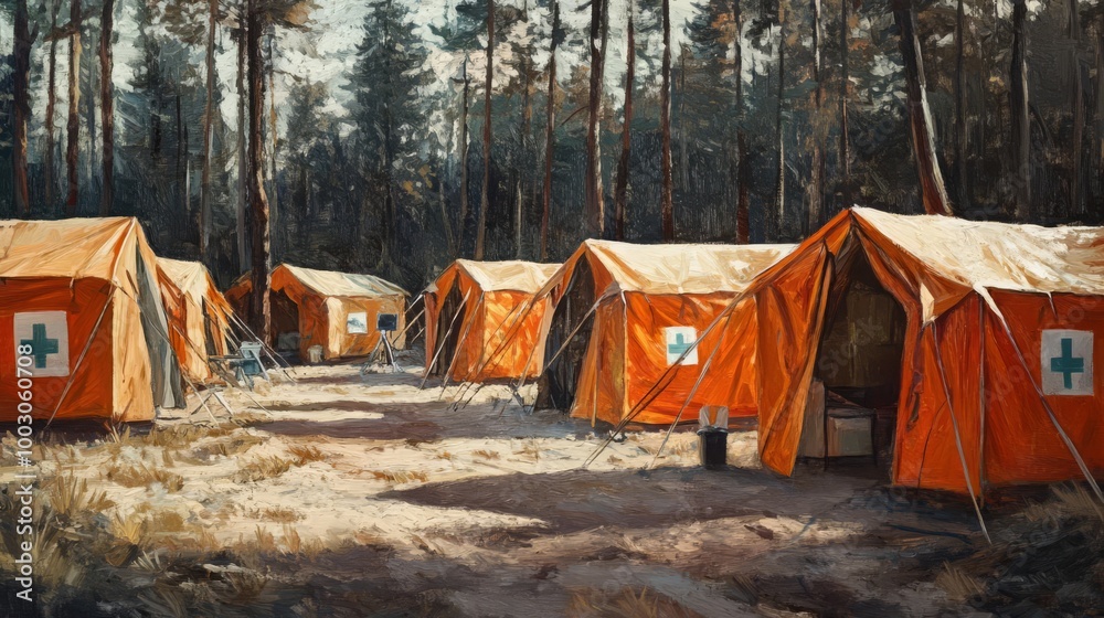 Emergency medical tents set up in a forest, providing healthcare ...