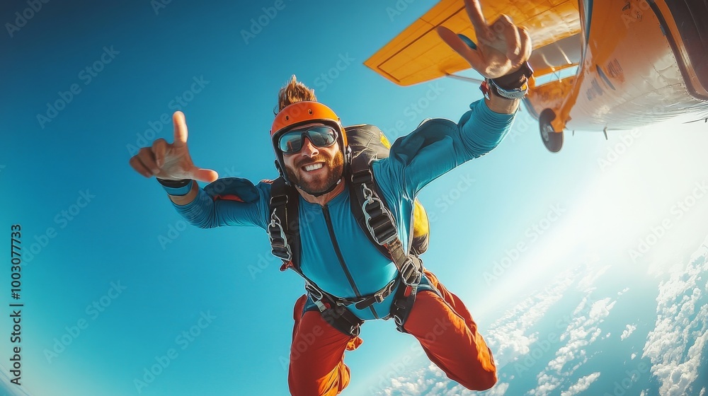 Young guy jumping out of a plane at high speed from the heights ...