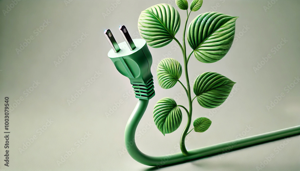 Green electric plug with a cable shaped like a growing plant stem ...
