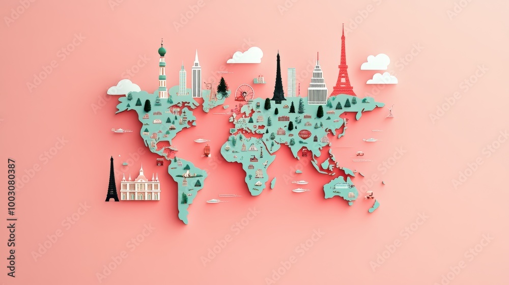 Travel Map with Iconography of Landmarks, A world map featuring icons ...