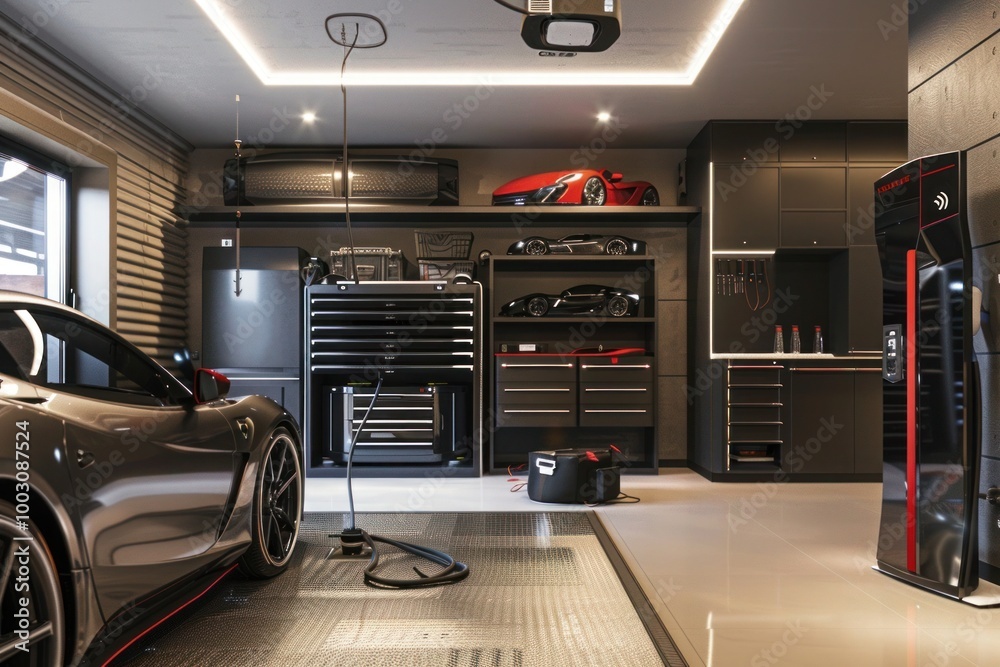 A tech-savvy garage with smart car charging station, automated garage ...