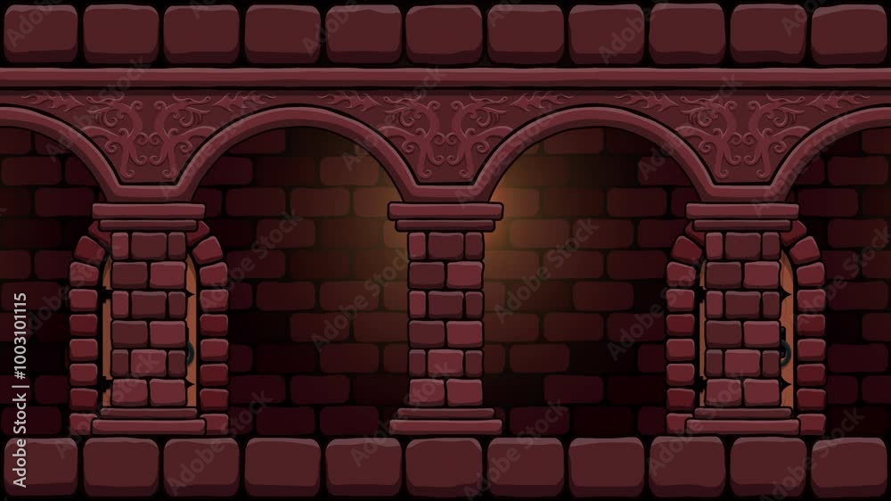 A Medieval stone corridor with wooden doors and a flickering torch ...